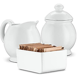 Kook Ceramic Sugar & Creamer Set, 3 Piece Porcelain Coffee Serving Set, Milk Pitcher, Sugar Bowl with Lid and Sweetener Packet Holder, Dishwasher Safe, White