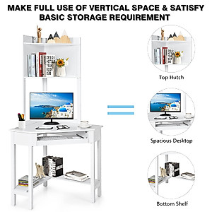 IFANNY Corner Computer Desk with Hutch, Triangle Corner Desk w/Keyboard Tray and Bookshelves, Corner Writing Desk with Storage Shelves, Small Corner Desks for Small Spaces (White)