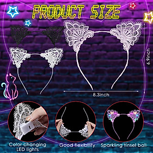 Juexica 12 Pcs Lace LED Ears Headband, Cat Ears Glow Light up Headband Pack for Women Girls, Halloween Party Accessories Favors, Black, White, Pink