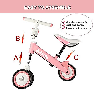 JOLLITO Baby Balance Bike, Adjustable Toddler Bicycle 12-24 Months, Best Birthday Gifts Toys for 1 Year Old Boys Girls, 3 Wheel, Pink