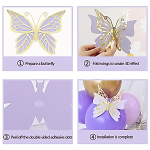 JUIIZAY 3D Large Butterfly Wall Decor Party Decorations 10pcs Purple And Gold For Birthday Baby Shower