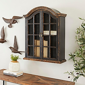 Deco 79 Wood Distressed 1 Shelf and 2 Doors Wall Shelf with Arched Shutter Doors, 22" x 8" x 28", Black
