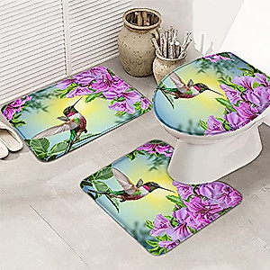 Apular Fashion 3 Piece Bath Rugs Set Hummingbird Purple Flowers Print Printed Non Slip Ultra Soft Bathroom Mats, U Shape Mat and Toilet Lid Cover Mat Bath Mats
