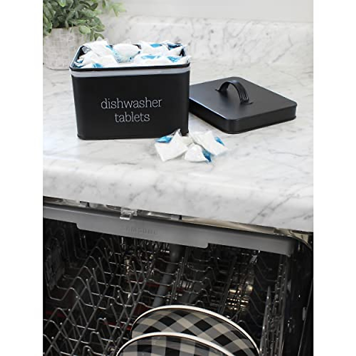 AuldHome Black Dishwasher Pod Holder, Tablet Container; Enamelware Kitchen Storage Tin with Lid