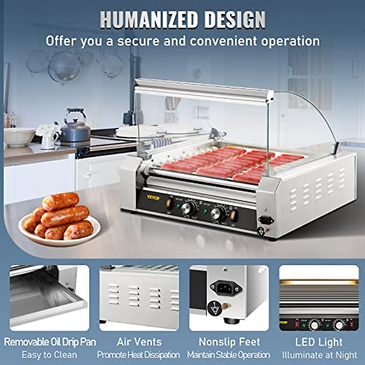 VEVOR Hot Dog Roller, 30 Hot Dog Capacity 11 Rollers, 1800W Stainless Steel Cook Warmer Machine w/Cover & Dual Temp Control, LED Light & Detachable Drip Tray, Sausage Grill Cooker for Kitchen Canteen