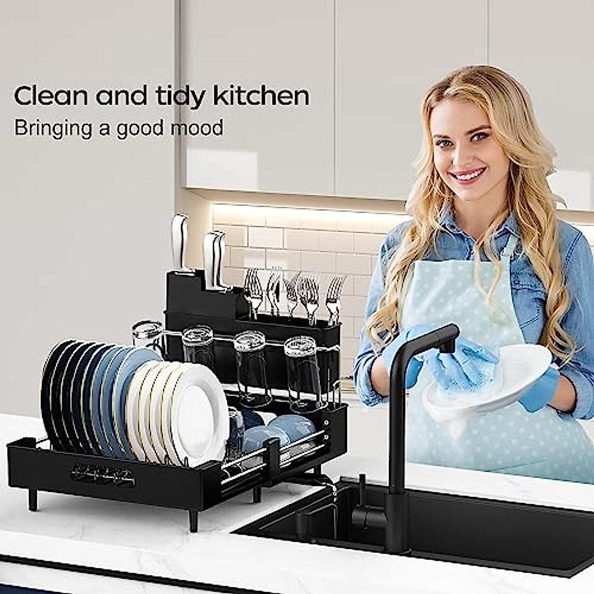 ROTTOGOON Expandable Dish Drying Rack, Stainless Steel Rustproof Dish Rack for Kitchen Counter, (12.8"-19.1") Dish Drainer with Drainage, Utensil Holder, Cup Holder for Various Kitchenware, Black