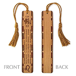 Leo Zodiac Sign Artwork and Positive Personality Traits Engraved Wooden Bookmark with Tassel - Made in USA - Also Available Personalized
