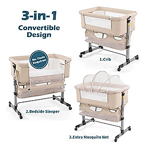 nordmiex 3in1 Bedside Crib for Baby Girl or Boy, Bedside Sleeper Crib for Baby Portable and Adjustable Crib with Mosquito net for Newborn Baby,Deep Khaki