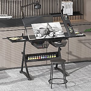 EESHHA Drawing Table Drafting Table Art/Adjustable Glass Drawing Table with 2 Drawers, Art Desk Art Table with Storage, Student Desk Study Desk for Drawing, Painting, Writing and Studying
