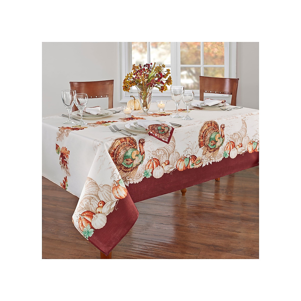 Elrene Home Fashions Holiday Turkey Bordered Fall Wrinkle Resistant Tablecloth, Seasonal Dining-Table Cover, 60" x 144" Rectangle