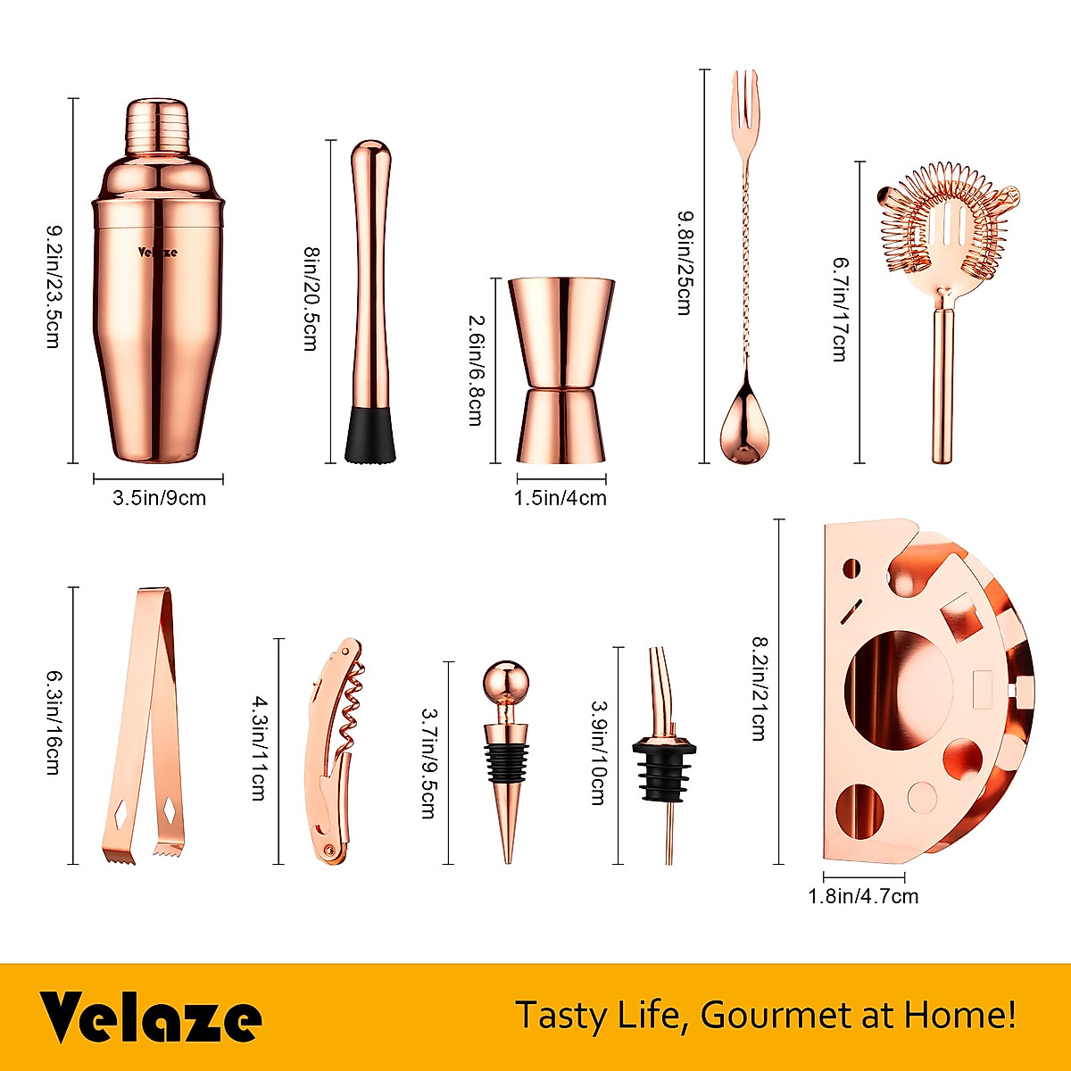 Velaze Cocktail Shaker Set, 10 Pieces Stainless Steel Bar Tools - Bottle Opener, Pour Spouts, Measuring Jigger and Wine Stopper, Champagne Martini Shaker Sets (Rose Gold)