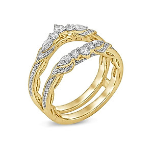 Jewelry Star 3/4 CTW Pear-Shaped Cubic Zirconia Double Crown Vintage-Style Solitaire Enhancer Band in 925 Sterling Silver 14K Yellow Gold Finish