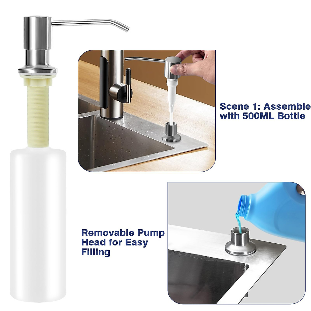 ONMUST Soap Dispenser for Kitchen Sink, Built in Soap Dispensers with 40 Inches Tube Connects Directly to Soap Bottle, No More Frequent Refills, Countertop Soap Dispenser Pump with 500ML Bottle