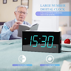 Rocam Digital Alarm Clock for Bedrooms - Large 7.5'' LED Display with Dimmer, Snooze, 7 Color Night Light, Easy to Set, USB Chargers, Battery Backup, 12/24 Hour for Kids,Heavy Sleepers(Blue)