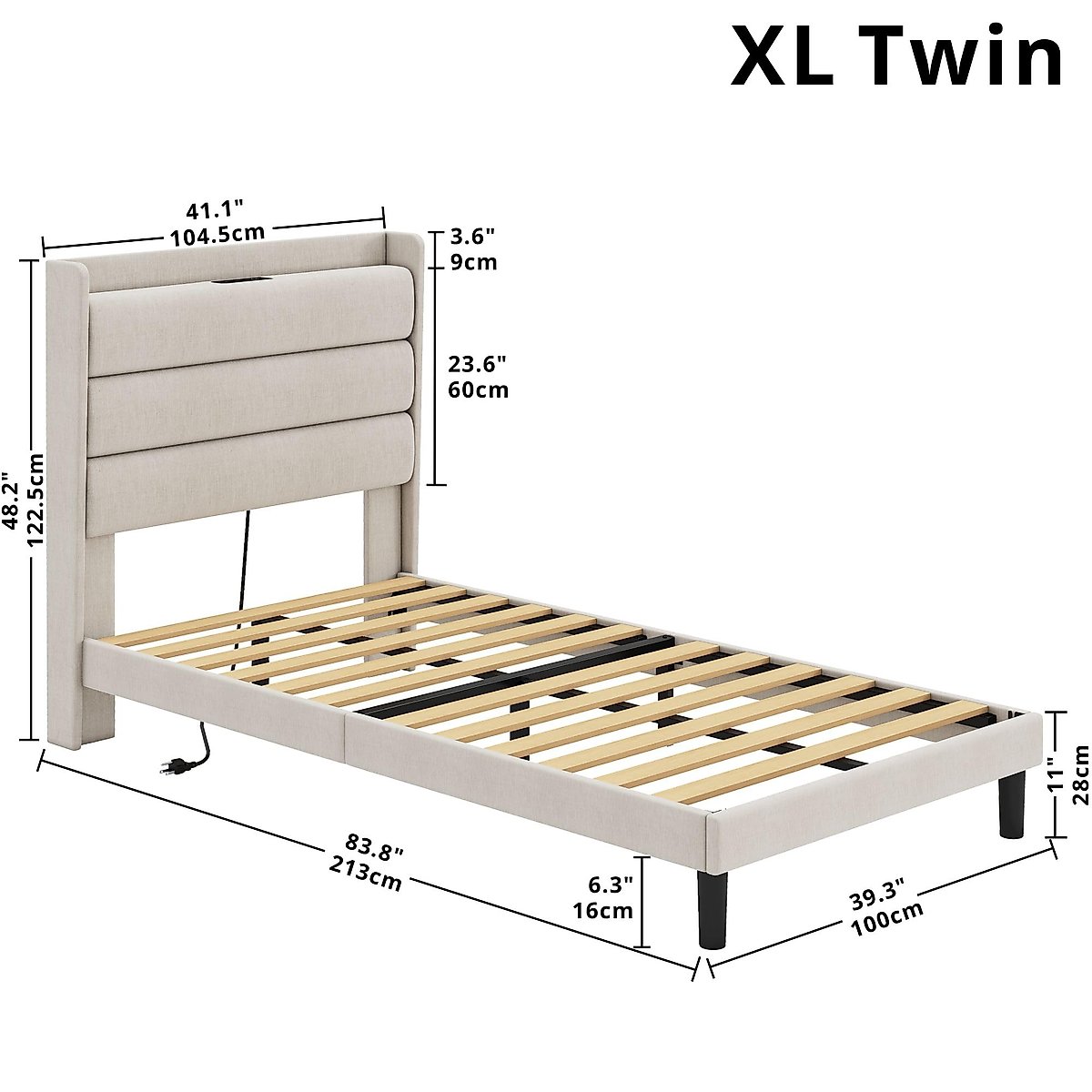 LIKIMIO Twin XL Bed Frames, Storage Headboard with Outlets, Sturdy and Stable, No Noise, No Box Springs Needed, Beige
