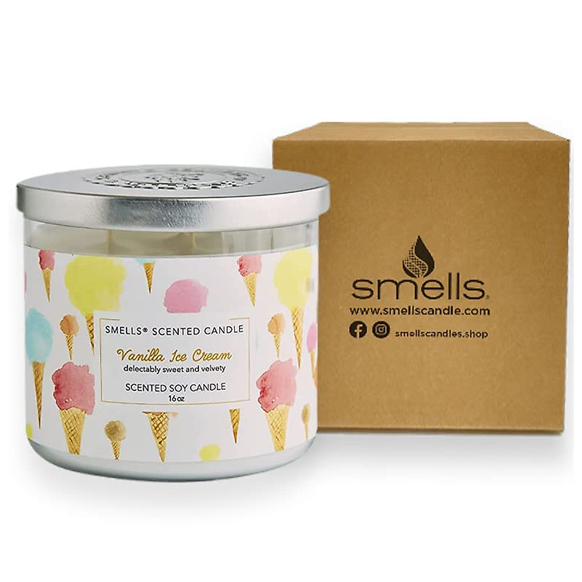 Smells - Premium Soy Wax Round Jar Scented Candle 16oz. - 100% Cotton 3-Wicks - Fragrance That Eliminates Home and Office Odors: Food, Pets, Smoke and Others (1-Pack, Vanilla Ice Cream)