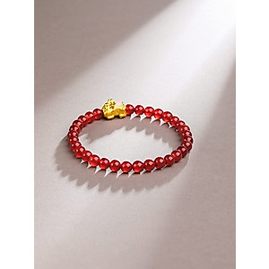 ZHOU LIU FU 24K Solid Gold Bracelets for Women, Real Pure Gold Pixiu Bracelet, Adjustable Red Agate Bead Bracelets with White or Green Nephrite Jade for Men Teen Girls