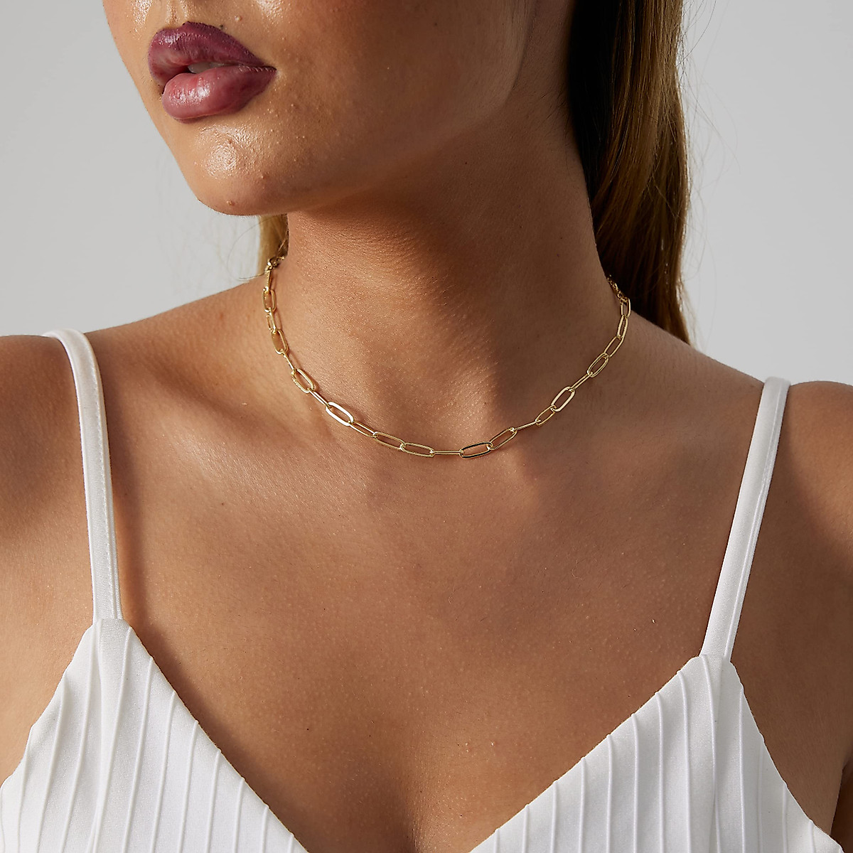 CAROVO Paperclip Chain Necklace for Women Dainty Paper Clip Choker Necklace Minimalist Link Jewelry Gift for Women