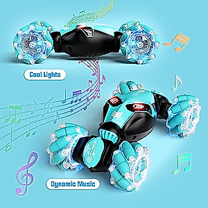 Remote Control Car, Gesture Sensor RC Stunt Cars Toys for Boys Age 6 7 8 9 10 11 12+ Years Old, 2.4GHz 4WD RC Double Sided 360° Flips Off Road Vehicle Toy with Lights/Music, Gifts for Kids Girls Blue