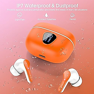 Wireless Earbuds, Bluetooth 5.3 Headphones with 4 ENC Noise Cancelling Mic, Bluetooth Earbuds 40H Playtime , Wireless Headphones in ear Earphones Deep Bass Stereo, LED Display, IP7 Waterproof, Orange