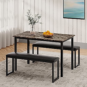 HOMOOI 3 Pieces Dining Room Table Set, Padded Bench Top and Metal Frame, Suitable for Kitchen, Living Room, Studio Apartment, Faux Marble