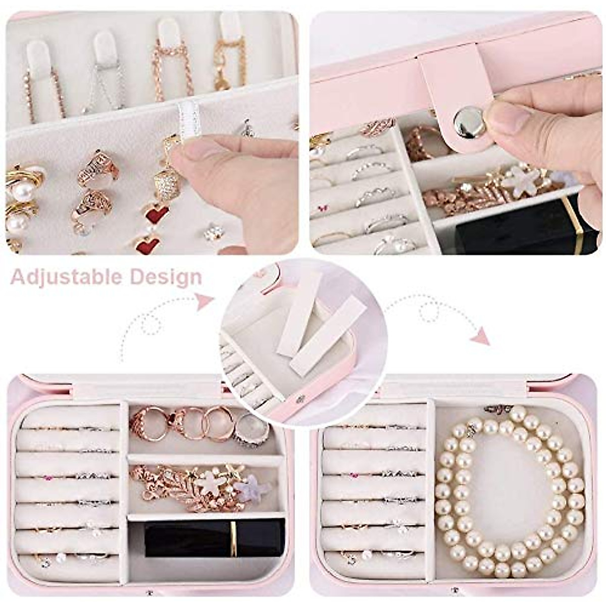 Yonzone Small Jewelry Box Travel Jewelry Organizer Mini Jewelry Storage Case for Women Girls Gift, Faux Leather Double Layer Portable Jewelry Boxes for Necklace Earring Ring, Pink