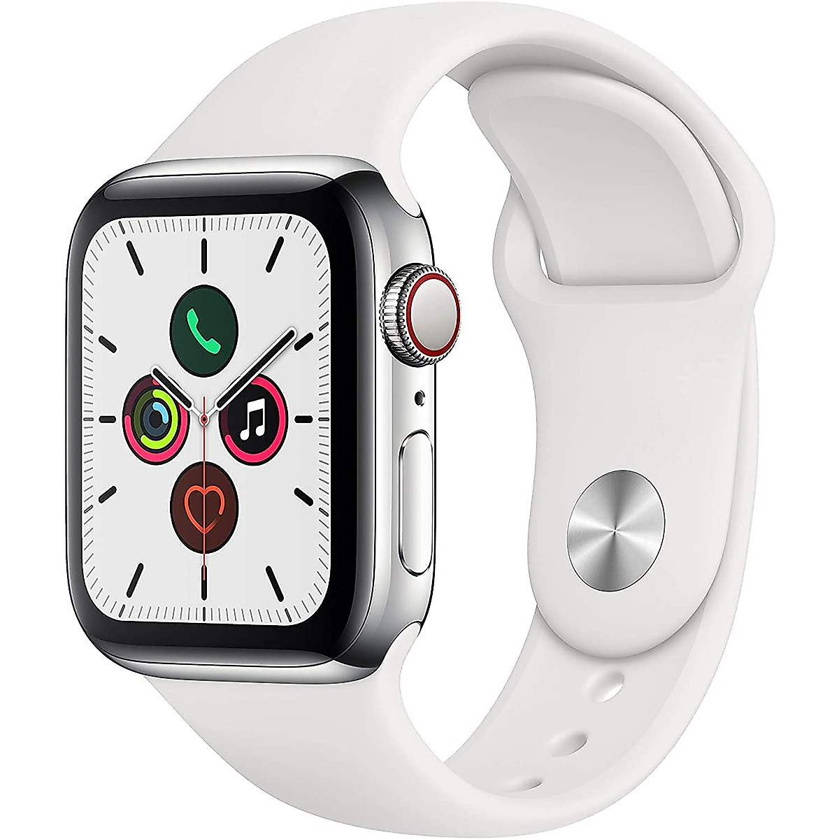 Apple Watch Series 5 (GPS + Cellular, 40MM) - Silver Stainless Steel Case with White Sport Band (Renewed)