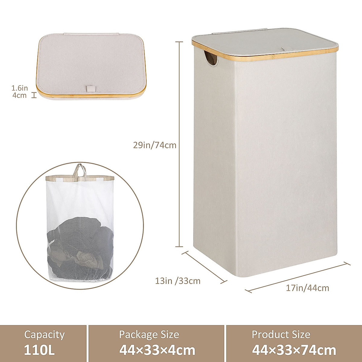 iEGrow Laundry Basket with Lid, 110L Large Laundry Hamper with Handle and Lid, Collapsible Clothes Basket Organizer with Removable Inner Bag for Clothes Toys Towels - Light Grey