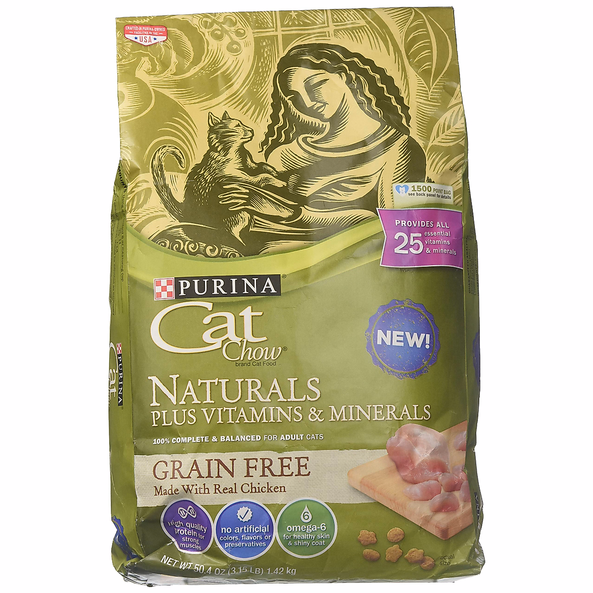 Purina Cat Chow Naturals Plus Vitamins & Minerals Grain Free Made with Real Chicken (1-3.15 lb Bag), Brown