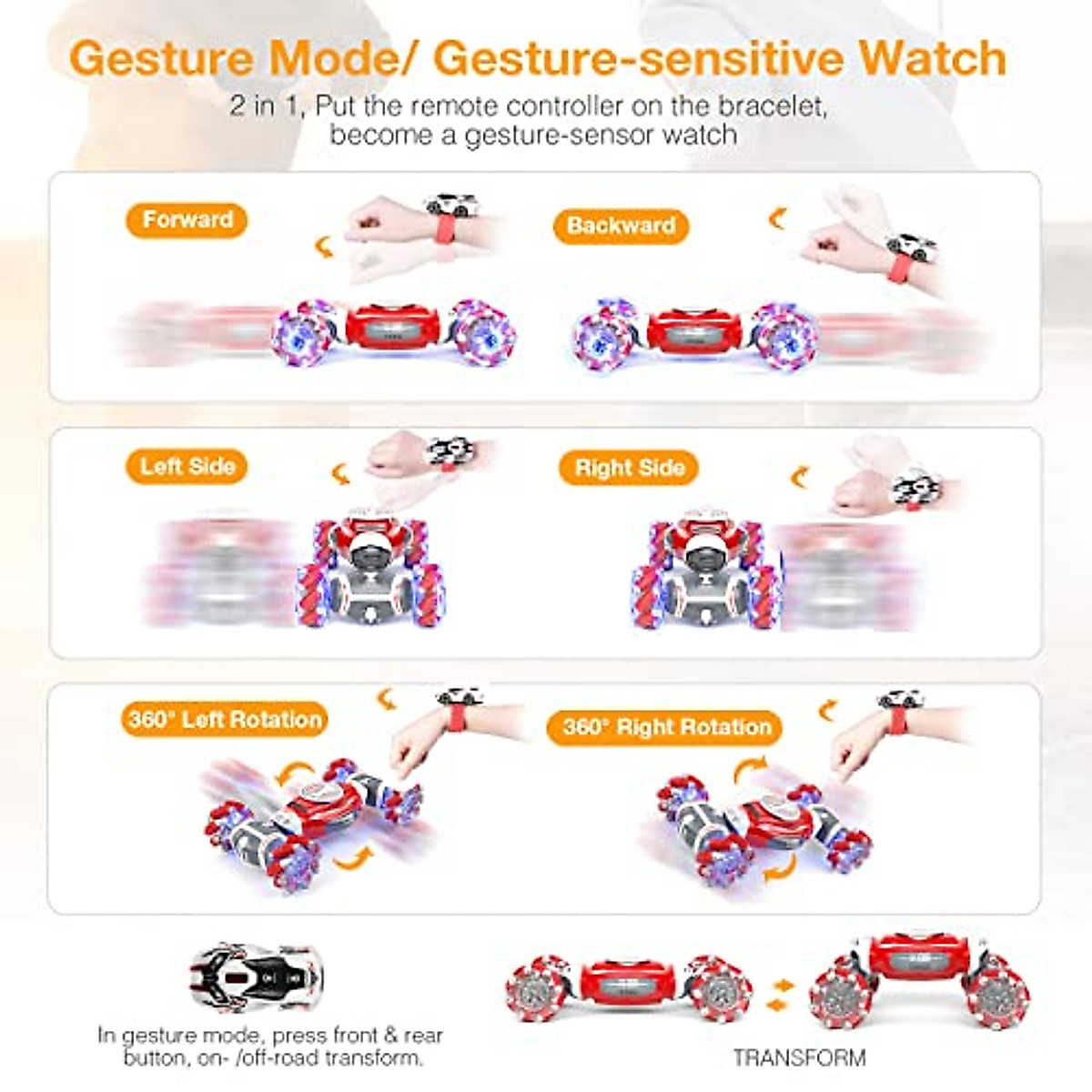 Powerextra 2023 New Remote Control Car, 1:12 Gesture Control Rc Stunt Car with Light & Music, 4WD Transform Off Road Double Side 360° Rotating Glove Racing Toy Car, 90+ Mins Play Car