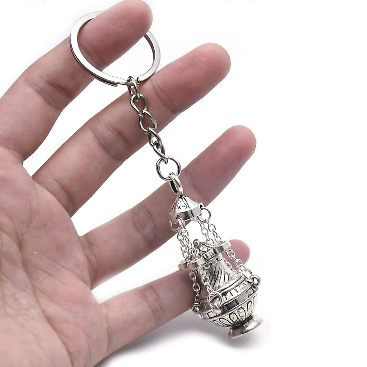Censer Incense Burner Key Ring Accessory, Silver Tone Christian Faith Keychain Religious Gift Zinc Alloy Censer Key Ring for Bag Keychain Keyring Decoration, 4.52 Inches