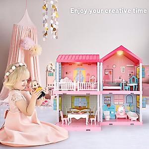 Elf Lab Dollhouse Building Toys, Princess Doll House, Playset with Lights, Furniture, Accessories and Dolls, Cottage Pretend Doll House Set, Creative Present for Girls Toddlers (4 Rooms)