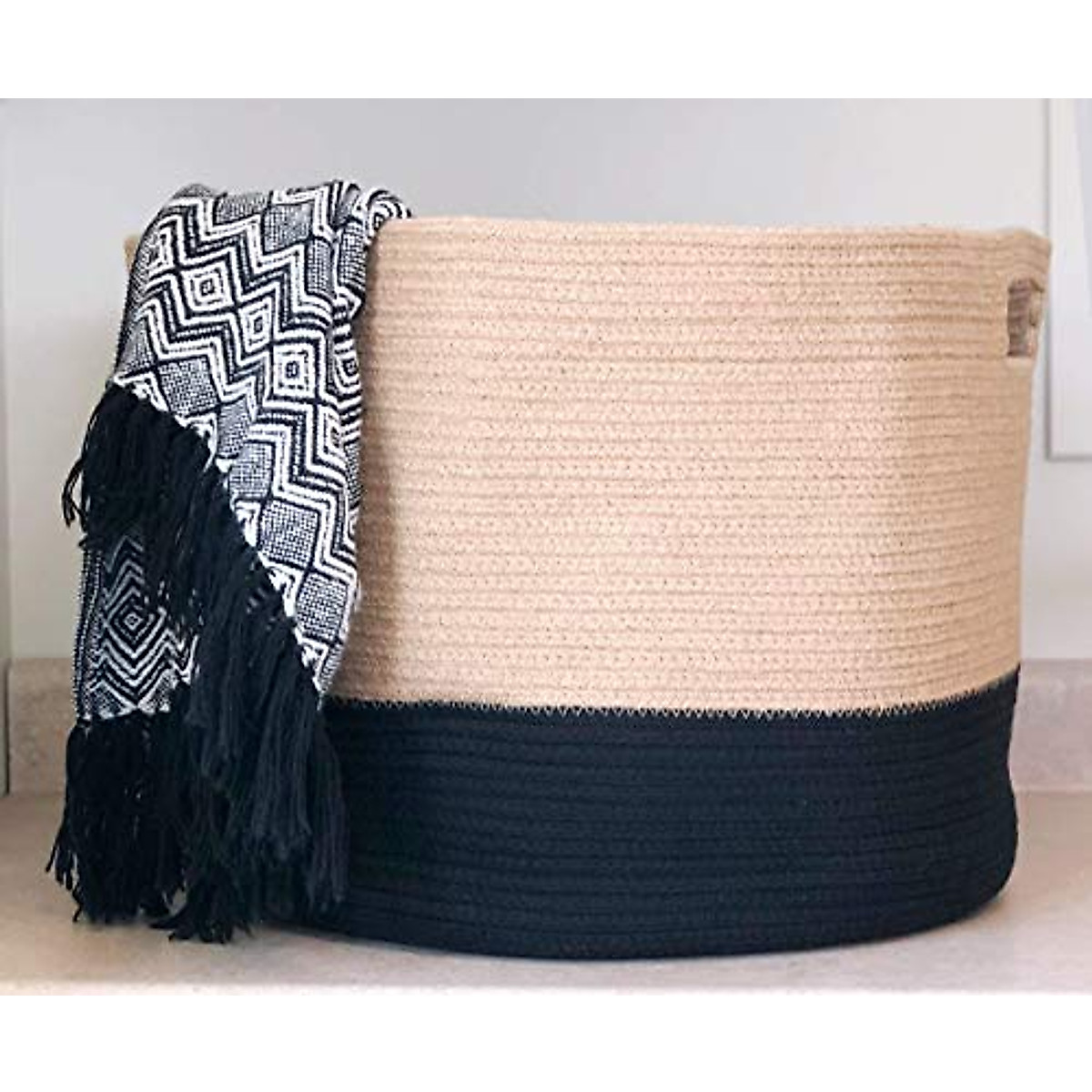 Chloe and Cotton XXXL Extra Large Woven Rope Storage Basket 15 x 21 inch Jute Black Handles | Decorative Laundry Clothes Hamper, Blanket, Towel, Baby Nursery Diaper, Toy Bin Cute Collapsible Organizer