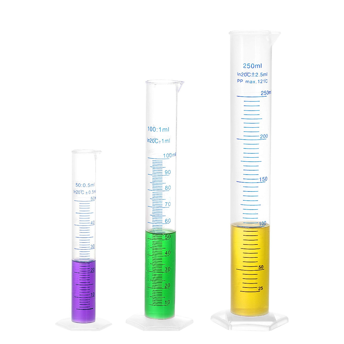 uxcell Plastic Graduated Cylinder, 50ml 100ml 250ml Measuring Cylinder, Double-Sided Metric Marking, Clear Hex Base, 3 in 1 Set