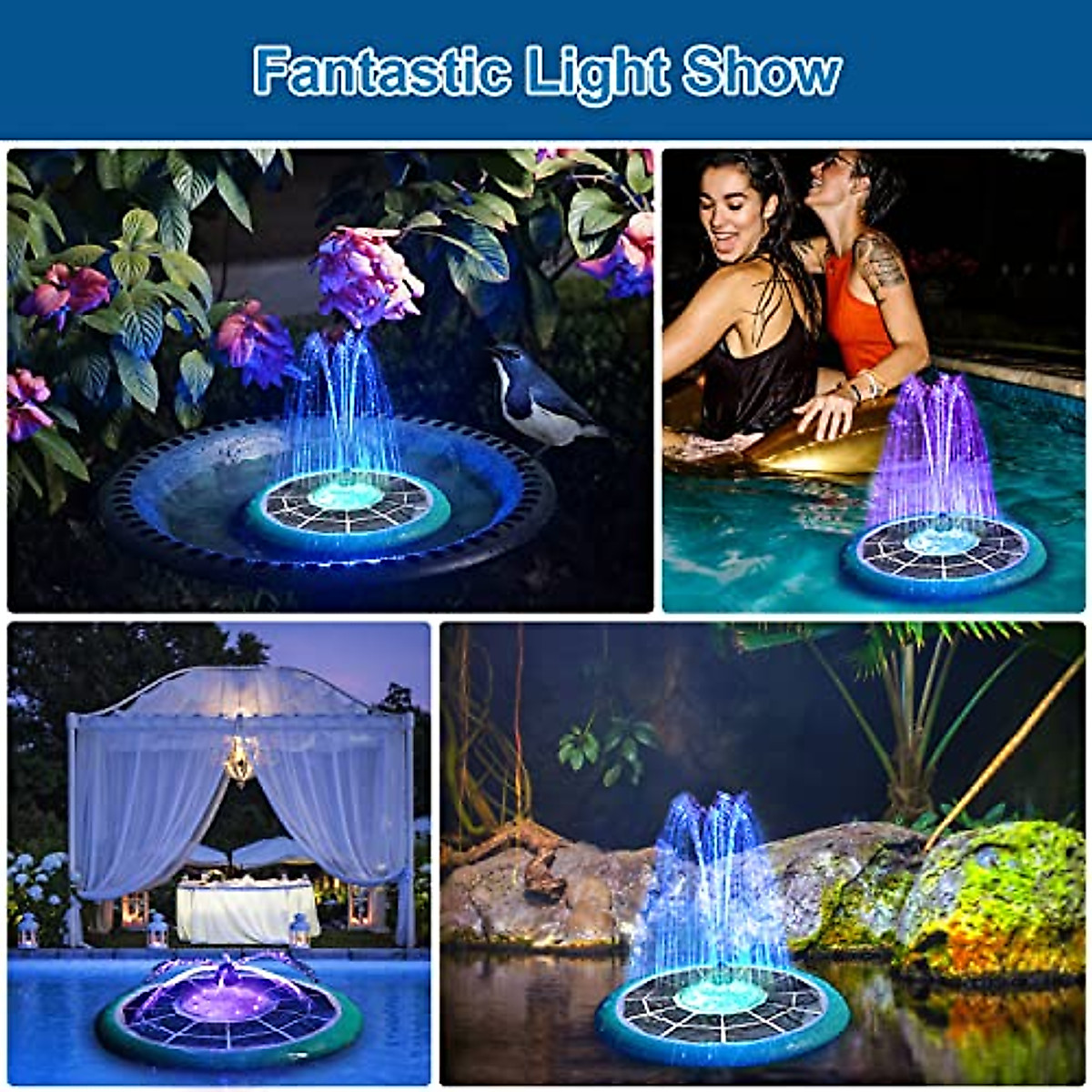 GAIZERL Solar Fountain 2023 Upgrade, 5W Solar Powered Glass Cover Bird Bath Fountains, Garden Water Feature Pump with Color Lights, 4000 Battery, 7 Nozzles, 4 Fixed Pipes for Pool, Pond & Outer Decor