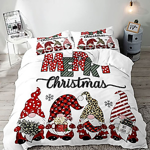 VIVIHOME 3PCS Merry Christmas Duvet Cover Full, Cute Gnome Duvet Cover, White Bedding, Snowflake Red Buffalo Plaid Striped Leopard Print Holiday Xmas Comforter Bedspread Quilt Cover, 2 Pillow Shams