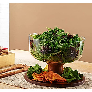 Godinger 2 in1 Salad Bowl and Cake Stand, Salad Bowl Serving Dish and Footed Cake Stand with Dome, Includes Wooden Salad Servers, Acacia Wood and BPA Free Acrylic Lid
