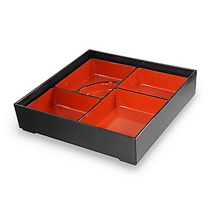 JapanBargain 4591, Red and Black Japanese Traditional Plastic Lacquered Lunch Bento Box 5 Compartments for Restaurant or Home Tray and Plate 2pc Set, Made in Japan, 9.5", Pack of 2