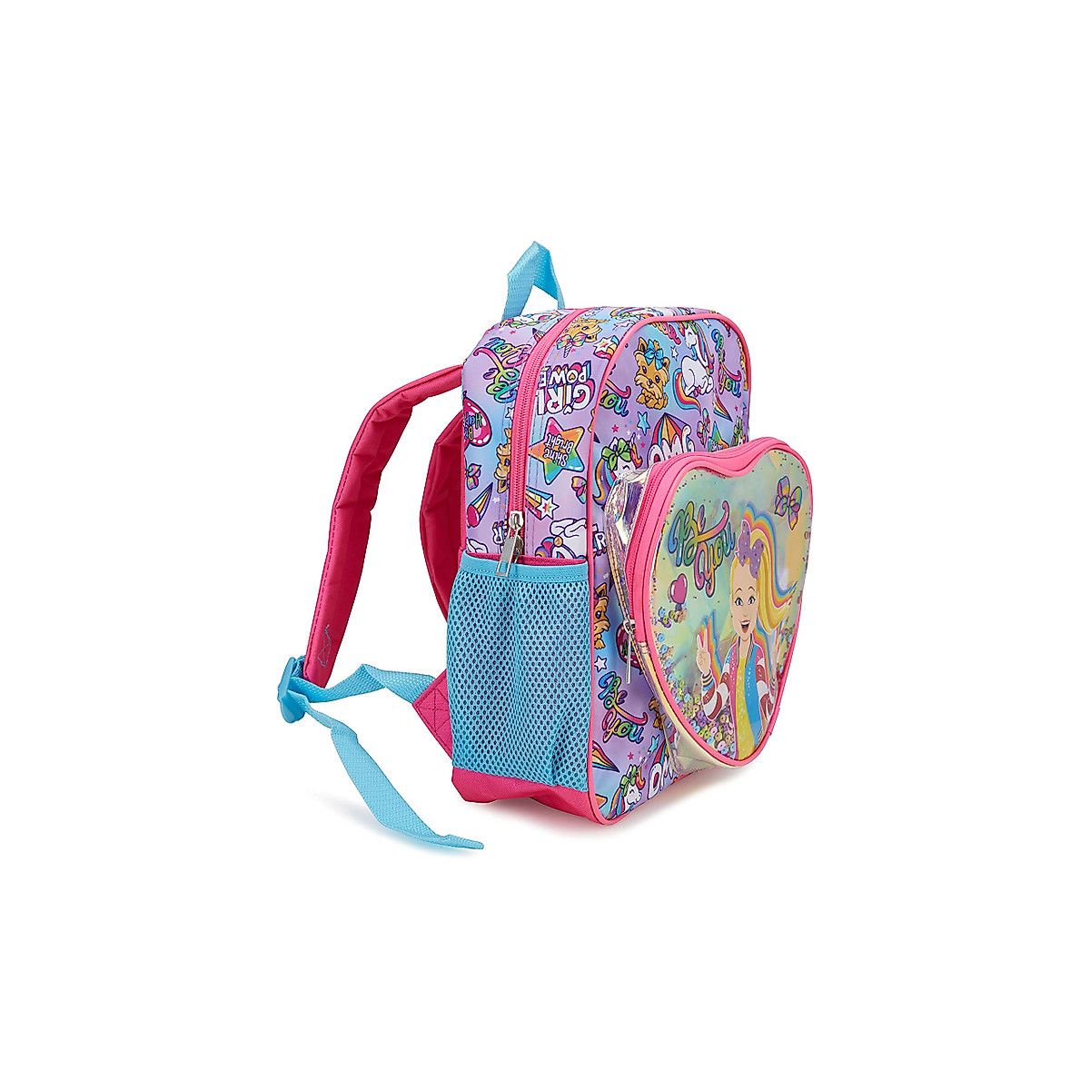 AI ACCESSORY INNOVATIONS Jojo Siwa Mini Backpack PURSE for Girls, Confetti Heart Shaped Pocket, Unicorn Print, 12” Bookbag w/Adjustable Straps