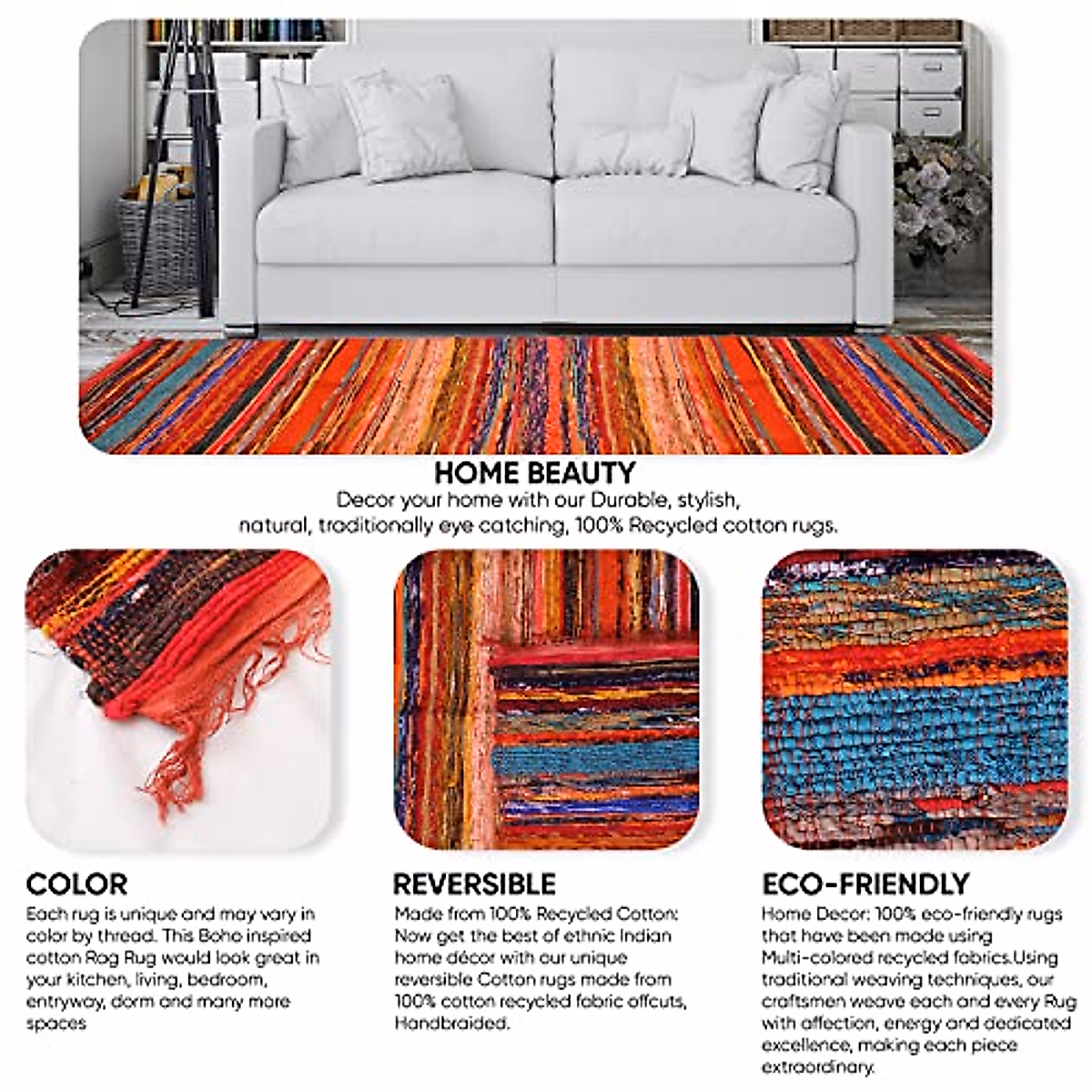 India Artistic Multi Color Chindi Rag Rug 4X6' | Hand Woven Rug & Reversible Rug | Recycled Cotton Chindi Rug for Living Room Kitchen | Rustic Rug | Cotton Rug | Runner Rugs (Red Colour)