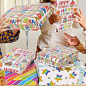 THMORT Birthday Wrapping Paper for Kids, Boys&Girls, Adults. Gift Wrapping Paper With Colorful Happy Birthday Font Print, Star, Rainbow Stripe lines,4 Bright and Shine Designs for Baby Shower, Holiday, Party. Pack Of 12 Sheets 20 X 29 Inch