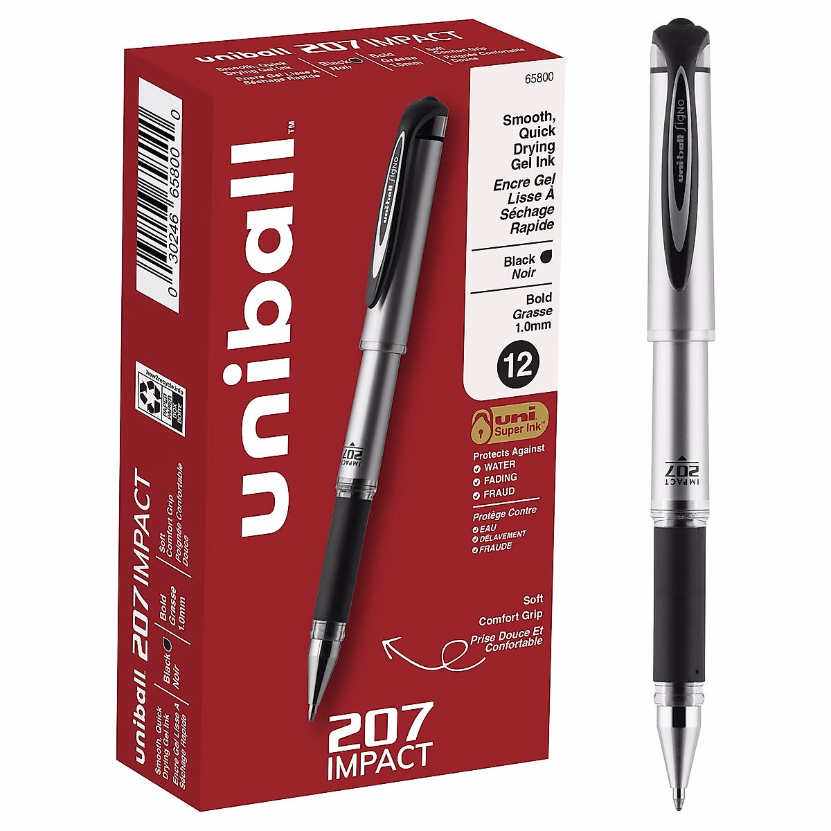 uni-ball 207 Impact Gel Pens Bold Point, 1.0mm, Black, 12 Pack
