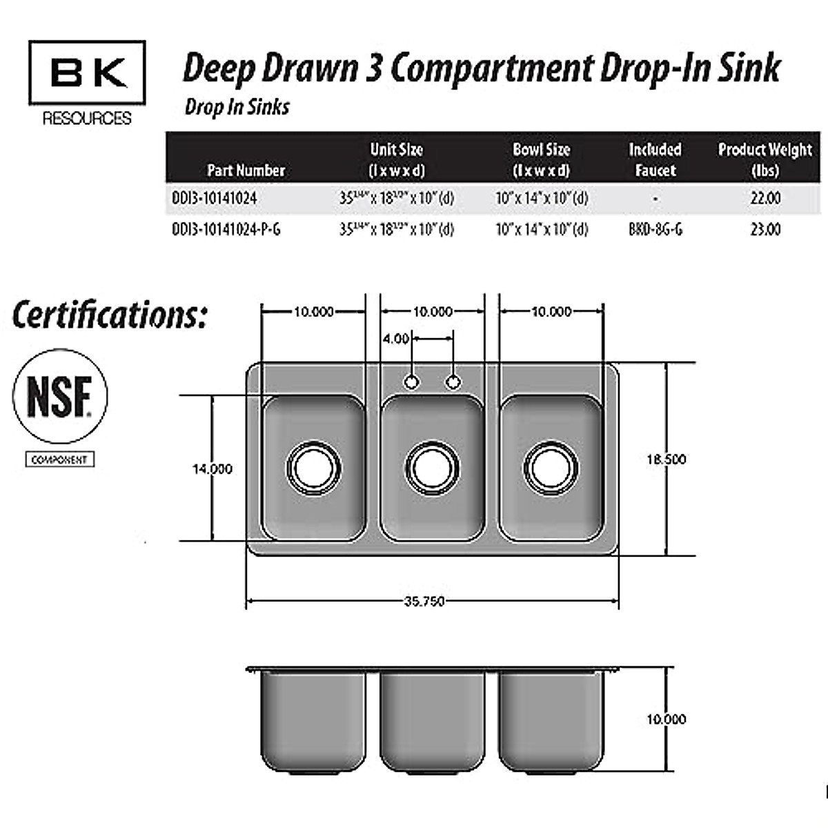 BK Resources DDI3-10141024 Three Compartment Drop-in Deck Mount Sink 10" x 14" x10" Bowl