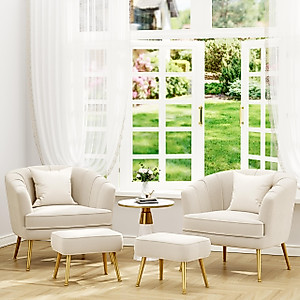 SHINEBOOM Velvet Accent Chairs with Ottoman for Living Room Bedroom Office Leisure Upholstered Single Sofa Chair Arm Chair Comfy Chair Reading Club Coffee Chair with Metal Legs, Beige