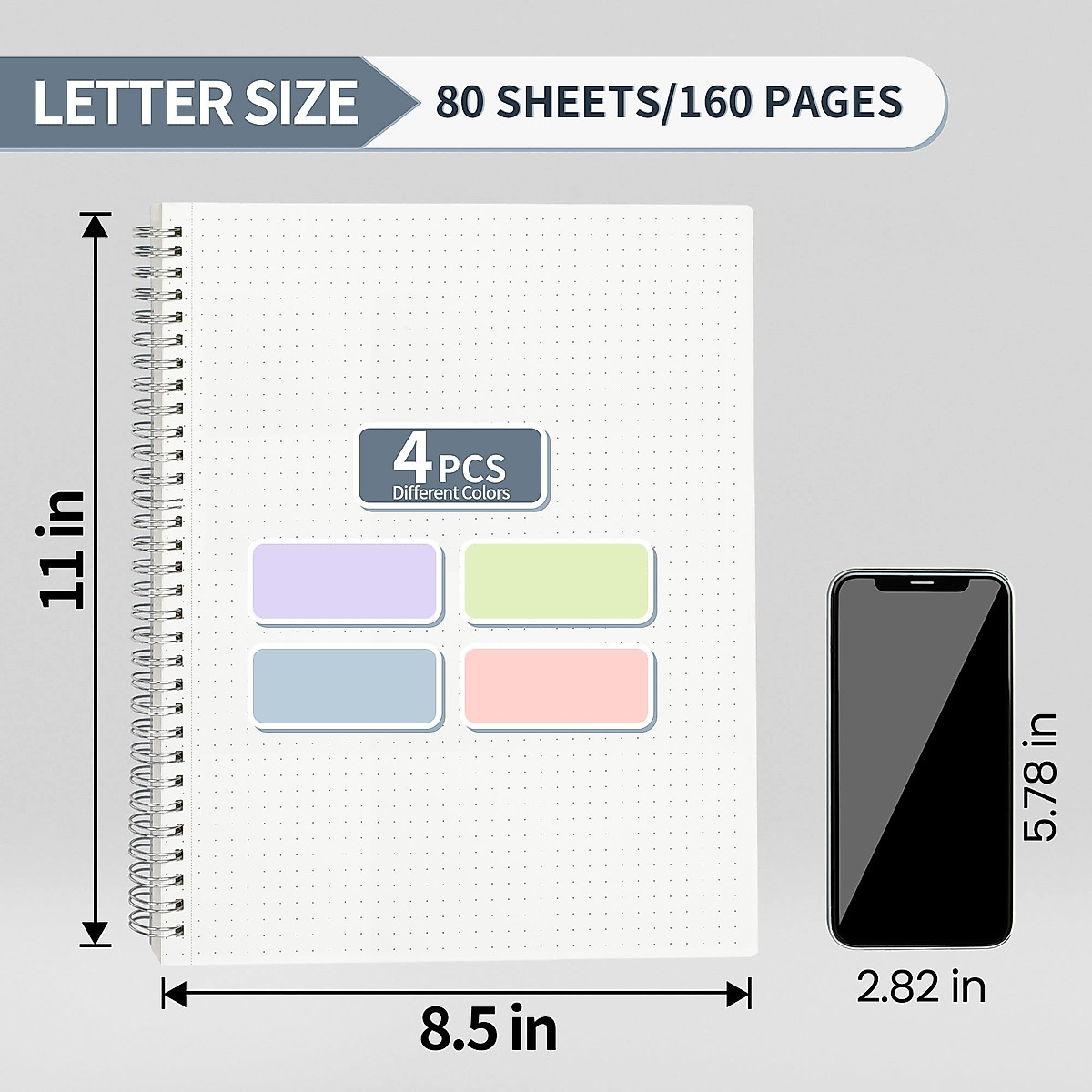 SUNEE Dotted Spiral Notebook - 4 Pack Large Bullet Journals 8.5 x 11 Inches 5 x 5mm Dot Grid Paper 80 Sheets/160 Pages - Journals for Study and Notes (pink, blue, green, purple)