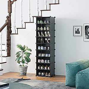 C&AHOME 9-Tier Shoe Rack, 18 Pairs Plastic Shoe Shelves, Modular Shoe Storage Organizer Units, Space Saving Closet Cabinet Ideal for Bedroom Living Room Entryway Hallway, 16.2"L × 12.2"W × 62"H Black