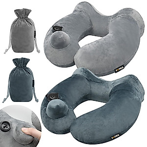 2 Pack Inflatable Travel Neck Pillow with Compact Bag and Washable Cover for Sleeping Airplane Soft Velvet Pillow for Long Flight Neck Cushion for Head Support Car Home Office