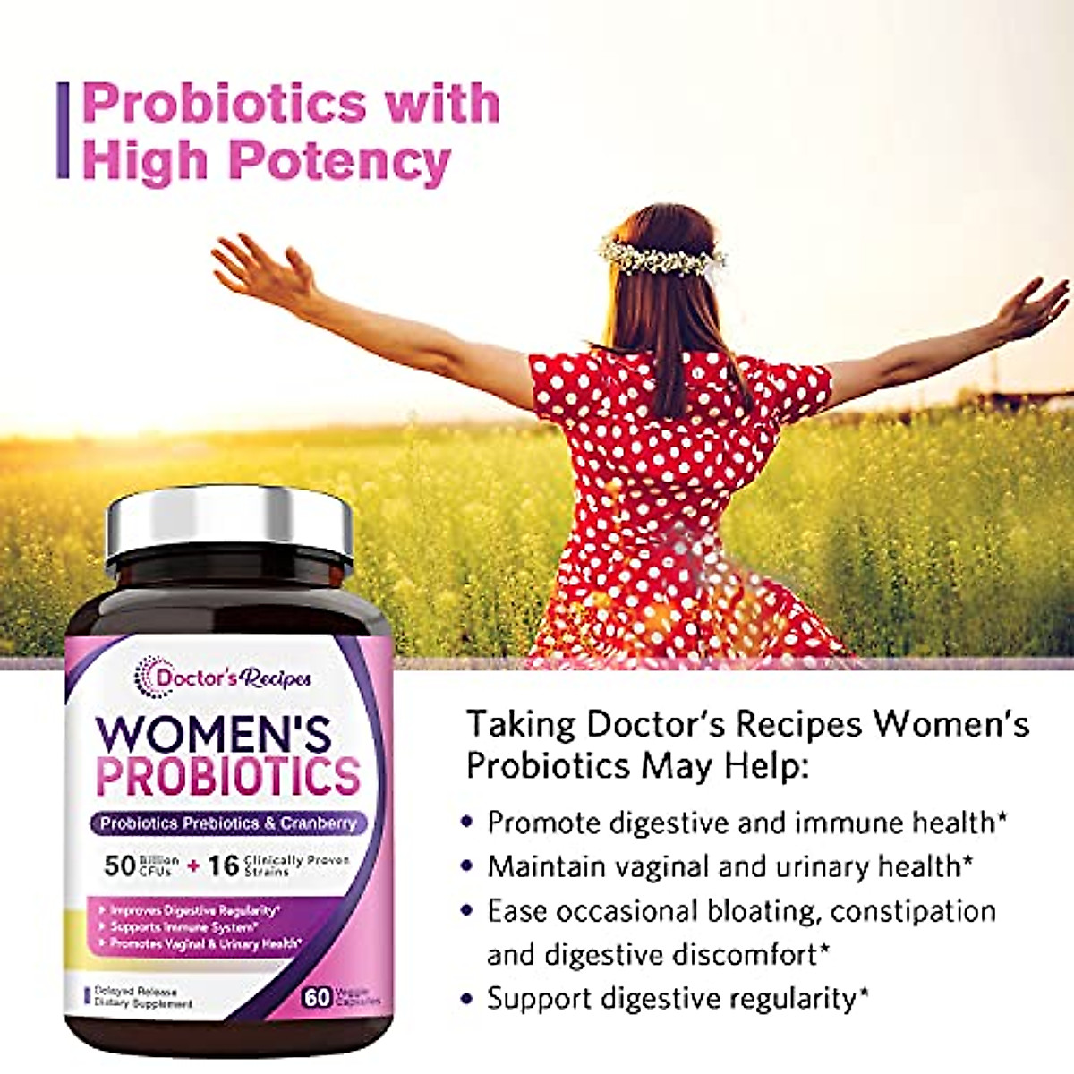 Doctor's Recipes Women’s Probiotic, 60 Caps 50 Billion CFU 16 Strains, with Organic Prebiotics Cranberry, Digestive Immune Vaginal & Urinary Health, Shelf Stable, Delayed Release, No Soy Gluten Dairy