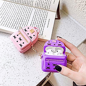 APOSU Cute Airpods Case, Silicone 3D Backpack Airpods Cover with Keychain&Metal Strap Designed for Apple AirPods 1 & 2 (Purple)