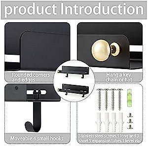 ELSKER&HOME Black Floating Shelves for Wall Mounted,Decorative Metal Shelf with 4 Hooks，Modern Floating Bookshelf Set of 2 Pack，15.8”Lx4”Wx3.6”H